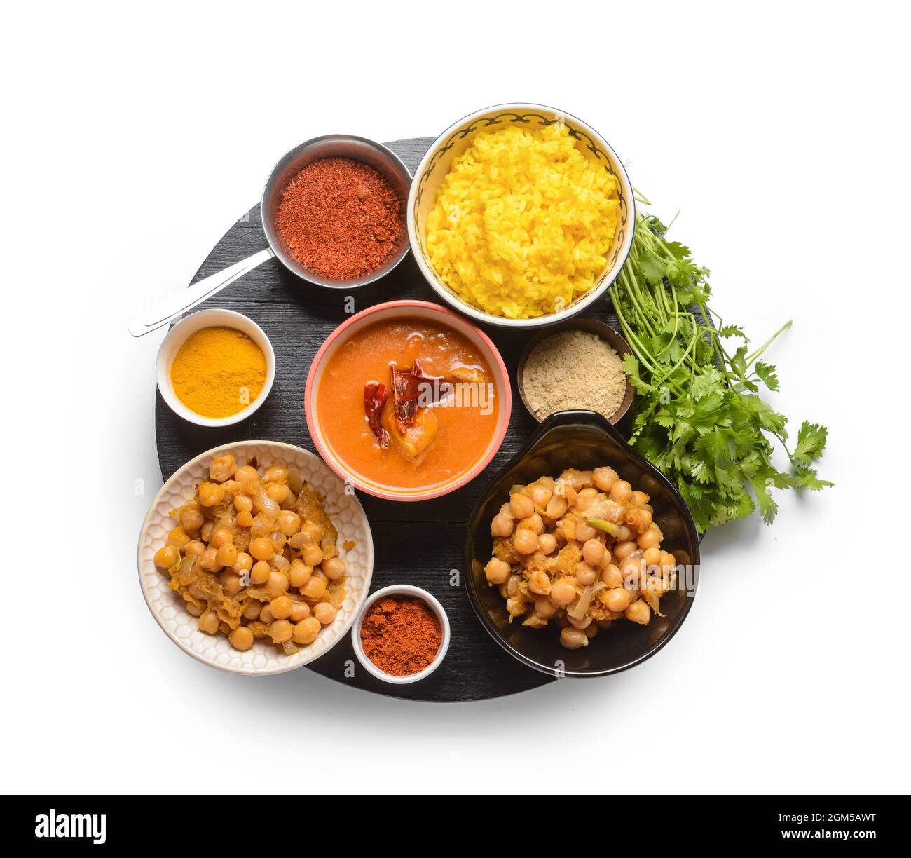 Board with traditional Indian food and spices on white background Stock ...