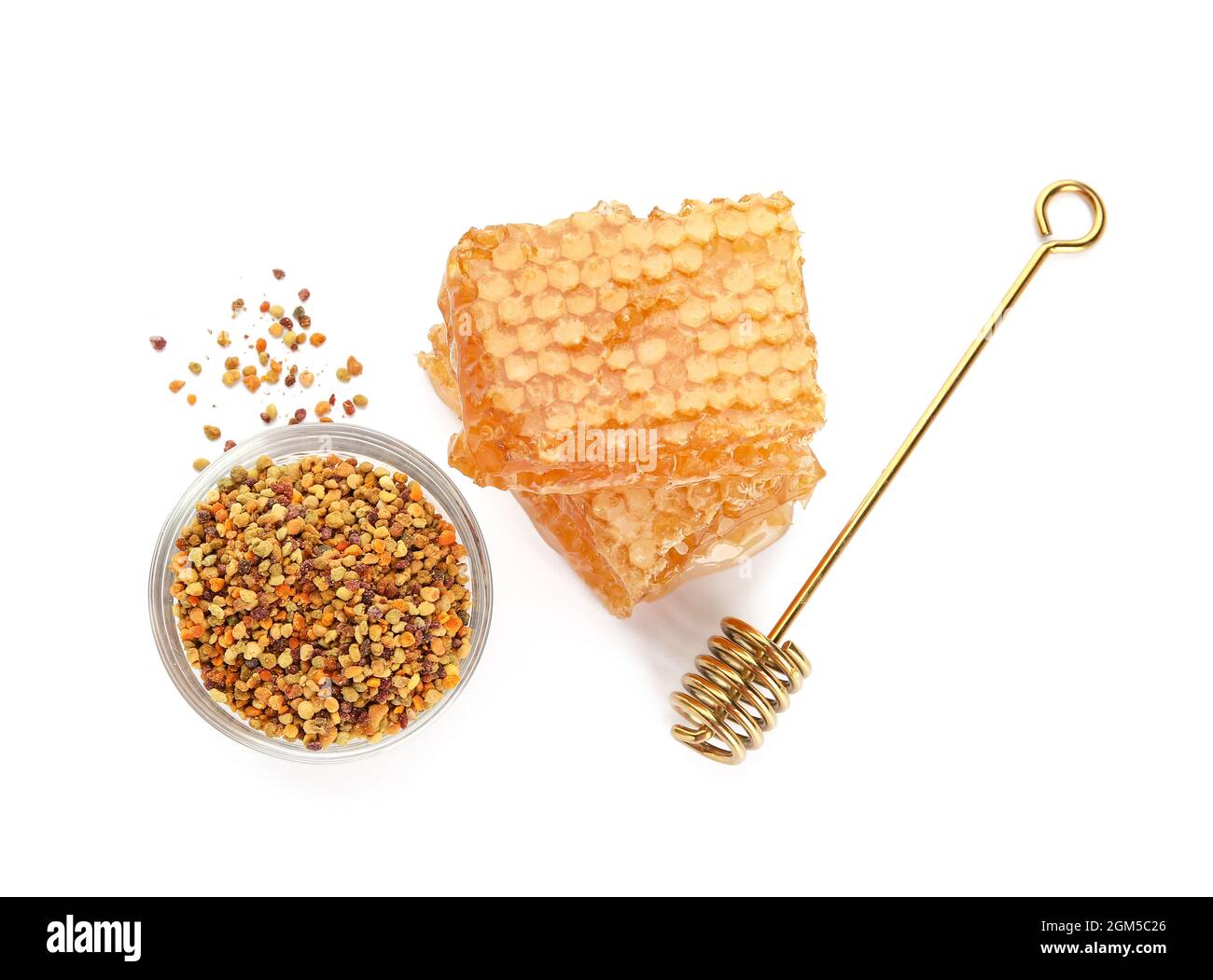 Bowl of bee pollen and honey combs on white background Stock Photo - Alamy