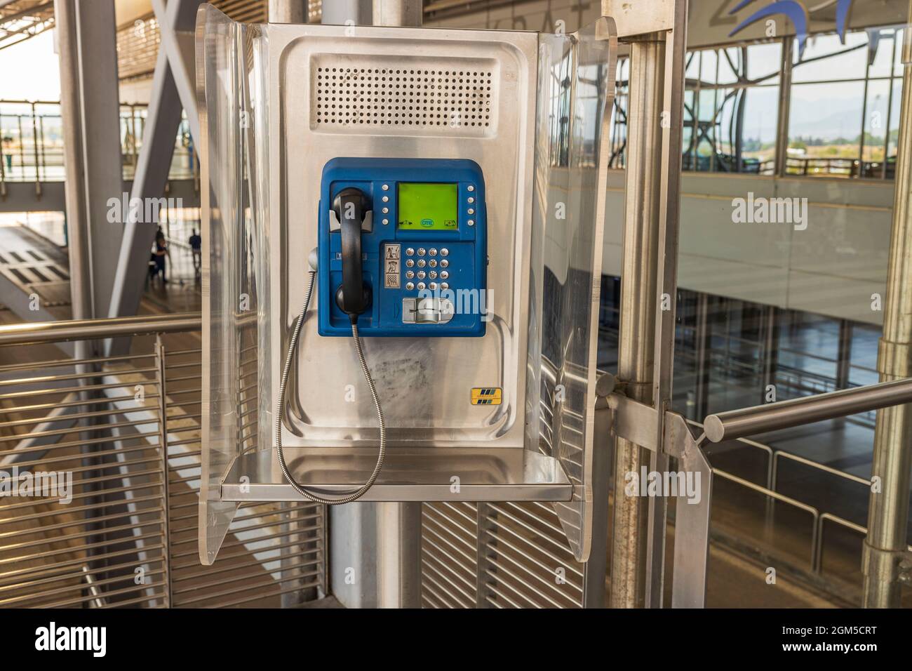 Close up view of public payphone at airport. Communication concept ...