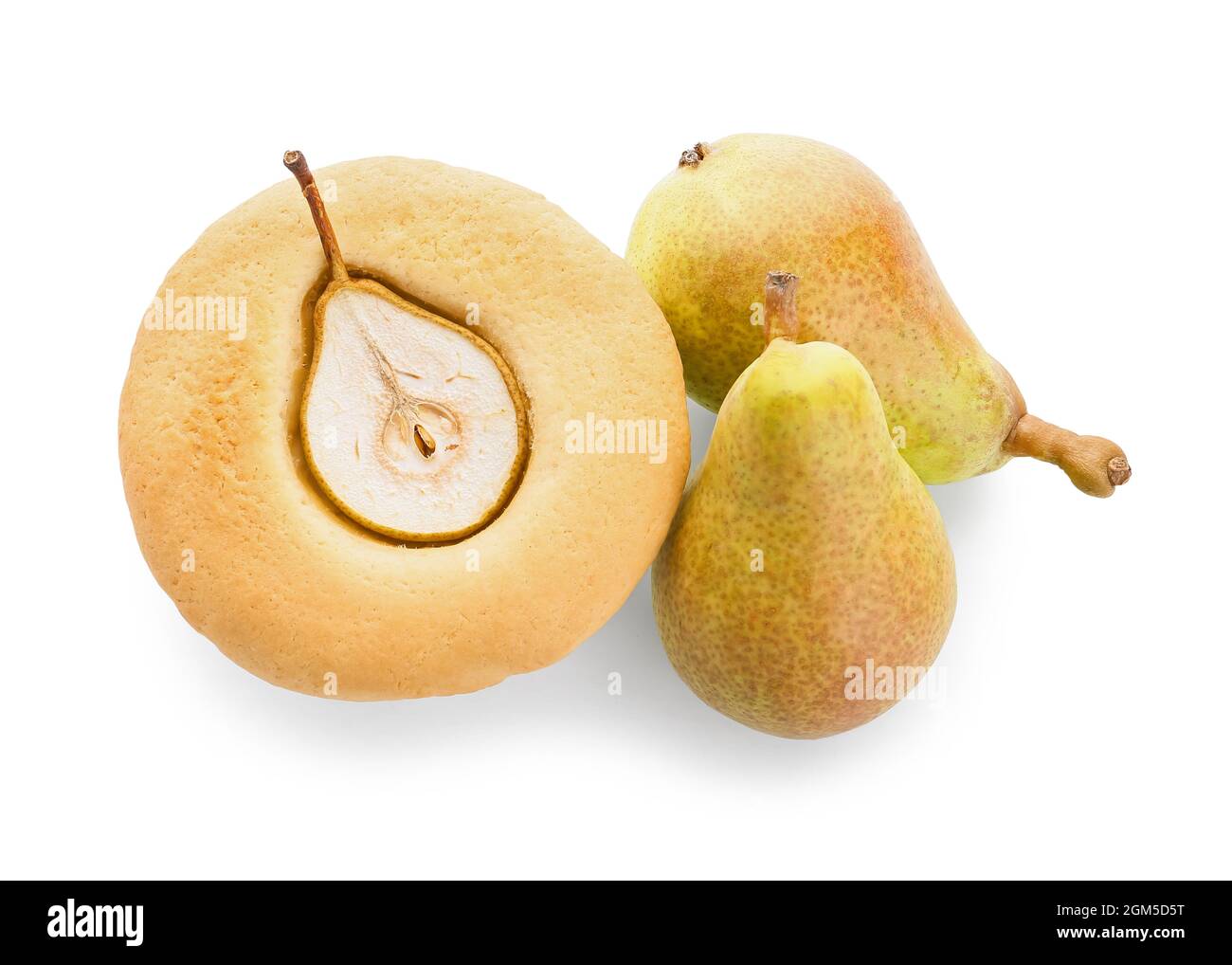 Tasty pear pot pie and fresh fruits on white background Stock Photo - Alamy