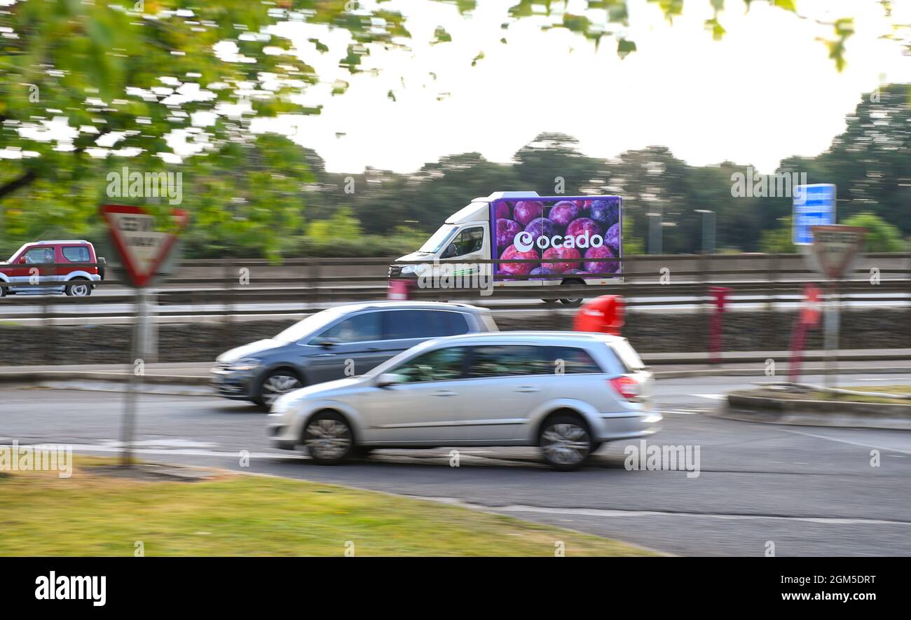 Ocado groceries delivery van driving on the M27 motorway out on ...