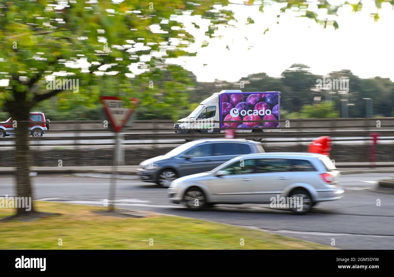 Ocado groceries delivery van driving on the M27 motorway out on ...