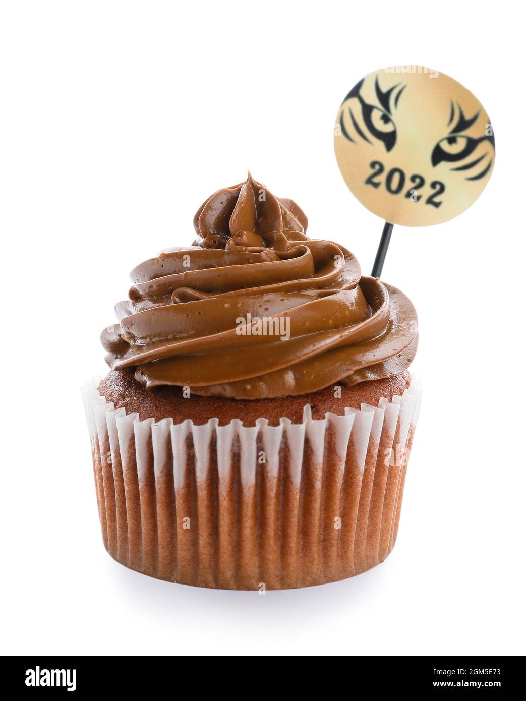 Tasty cupcake for New Year 2022 celebration on white background Stock ...