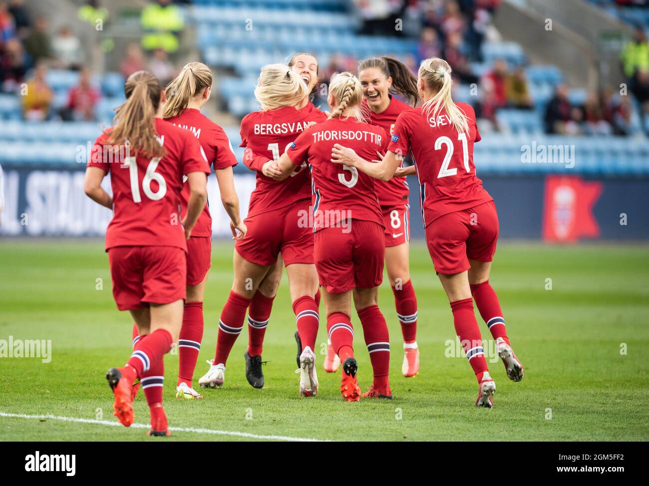 Oslo, Norway. 16th Sep, 2021. Guro Bergsvand (13) of Norway scores for 1-0 during the Women's ...