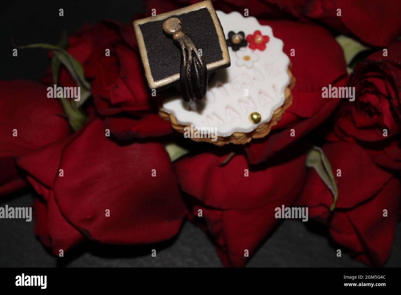 A nice university graduation party with family and friends, red roses ...