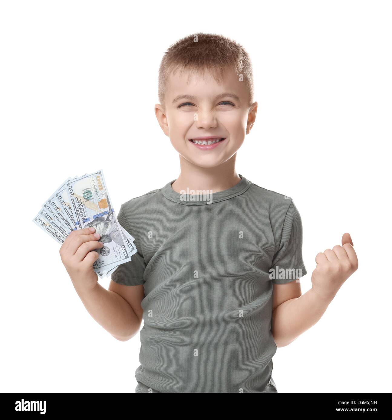 Happy little boy with money on white background Stock Photo - Alamy