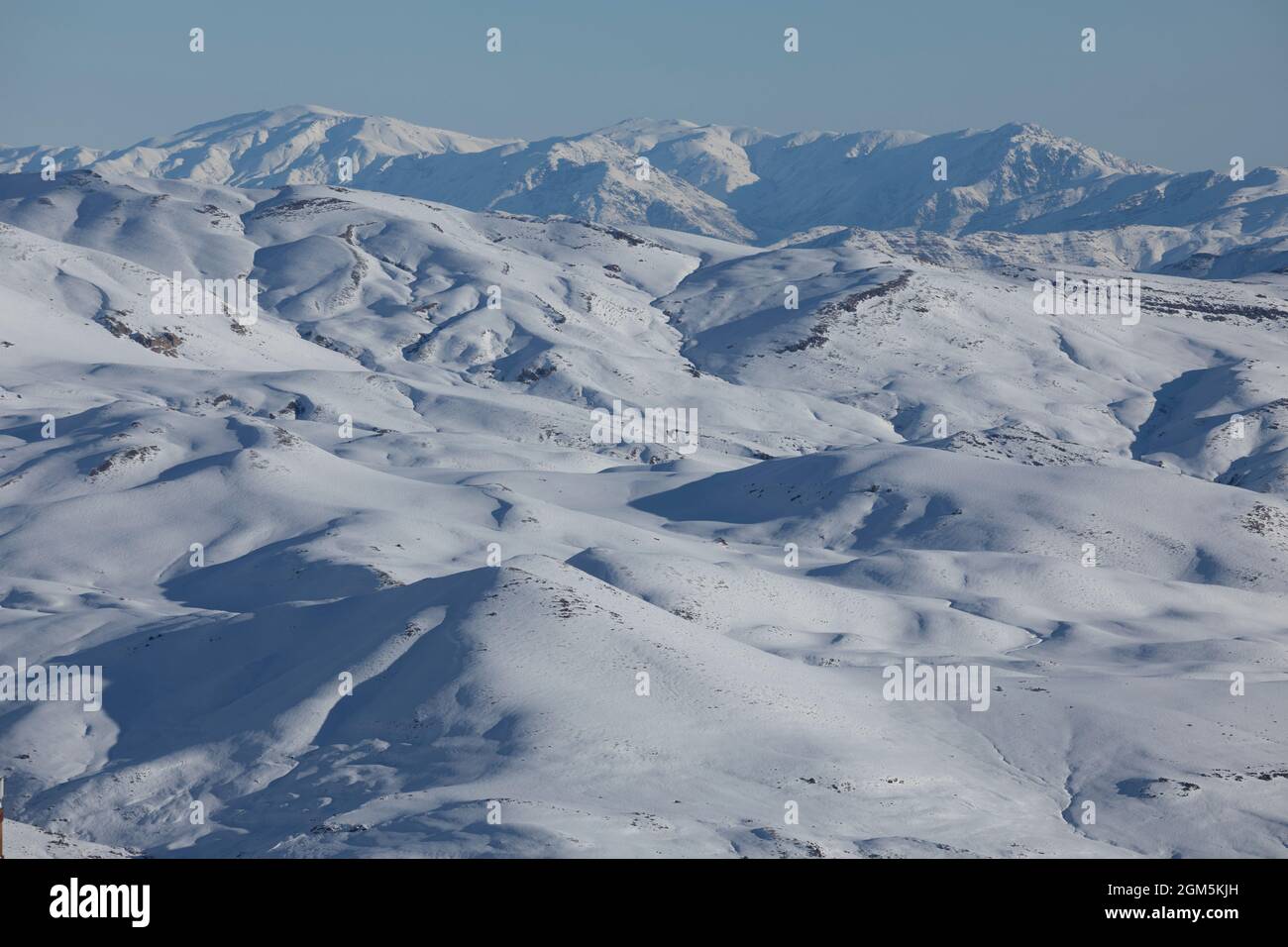 A view of a snow covered mountain in Chile with clear sky after the ...