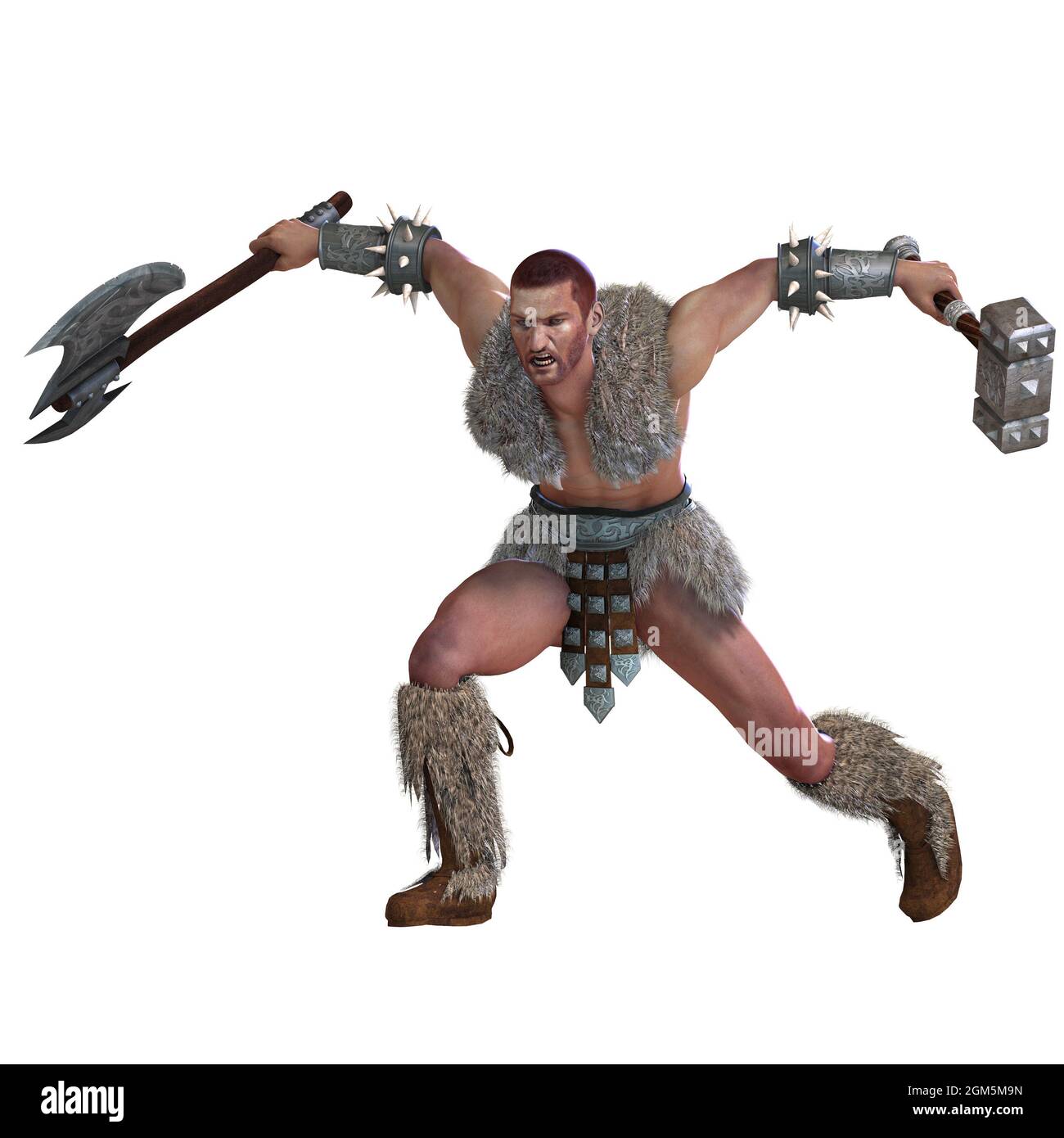 3d-illustration of an isolated barbarian warrior with fur loincloth ...