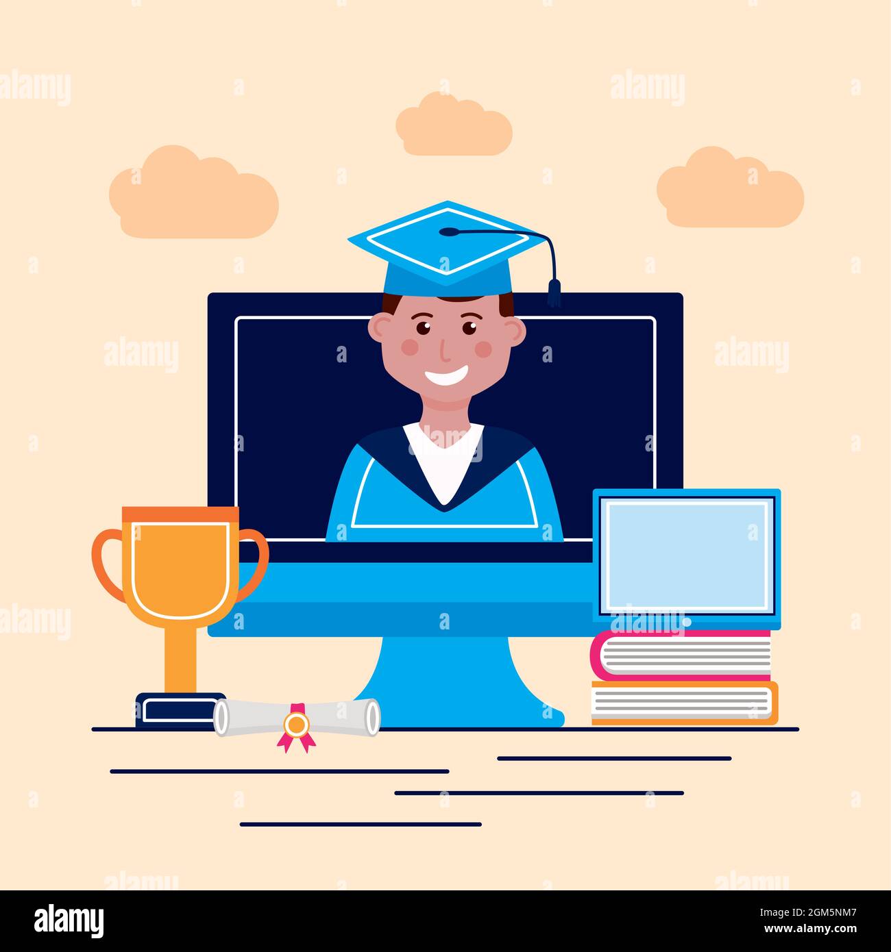 graduated boy in computer with virtual education icons Stock Vector ...