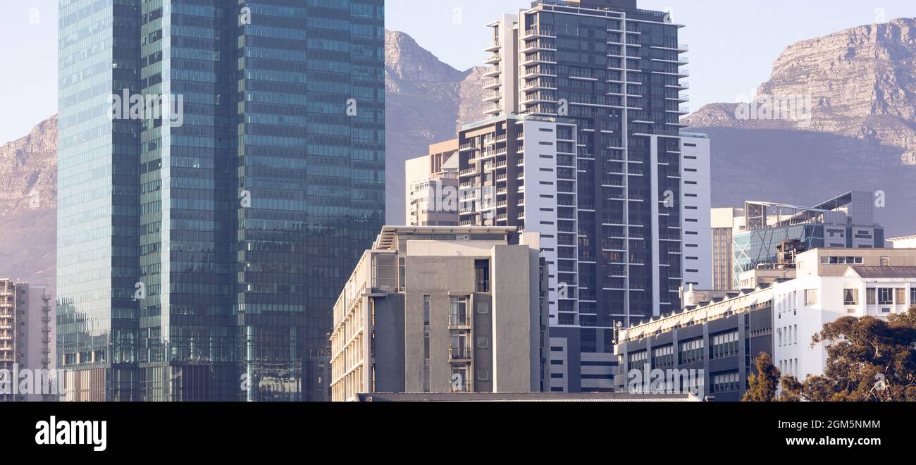 General view of cityscape with multiple modern buildings and ...