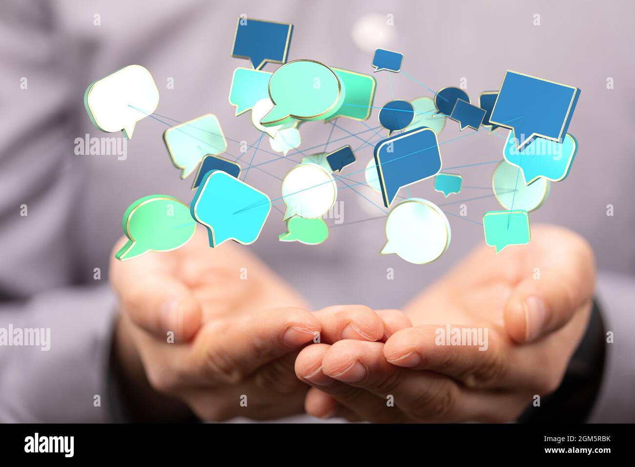 3D rendering of communication speak bubble with a male's hand below it ...