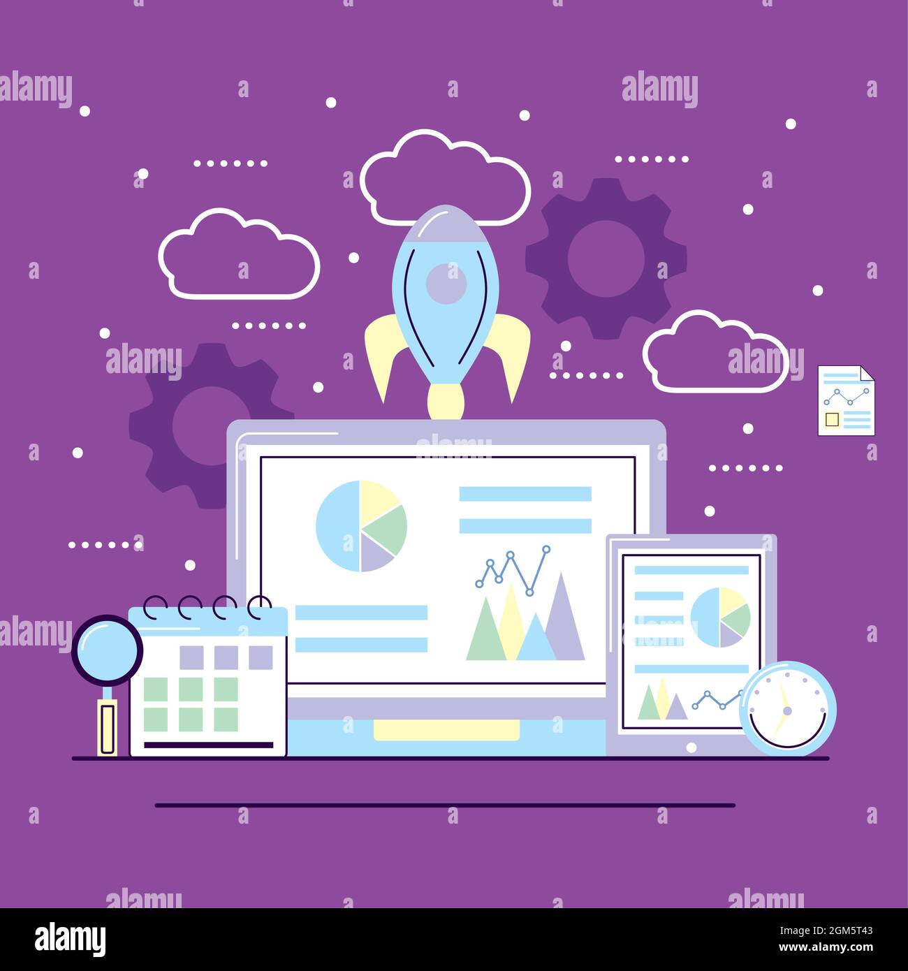 rocket and devices with analytics on purple background Stock Vector ...
