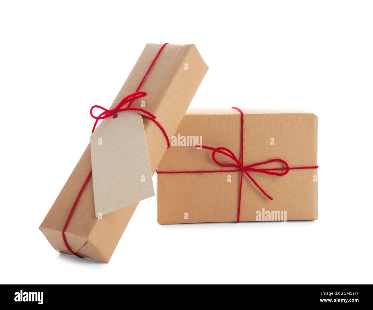 Parcel gift boxes on white background Stock Photo - Alamy