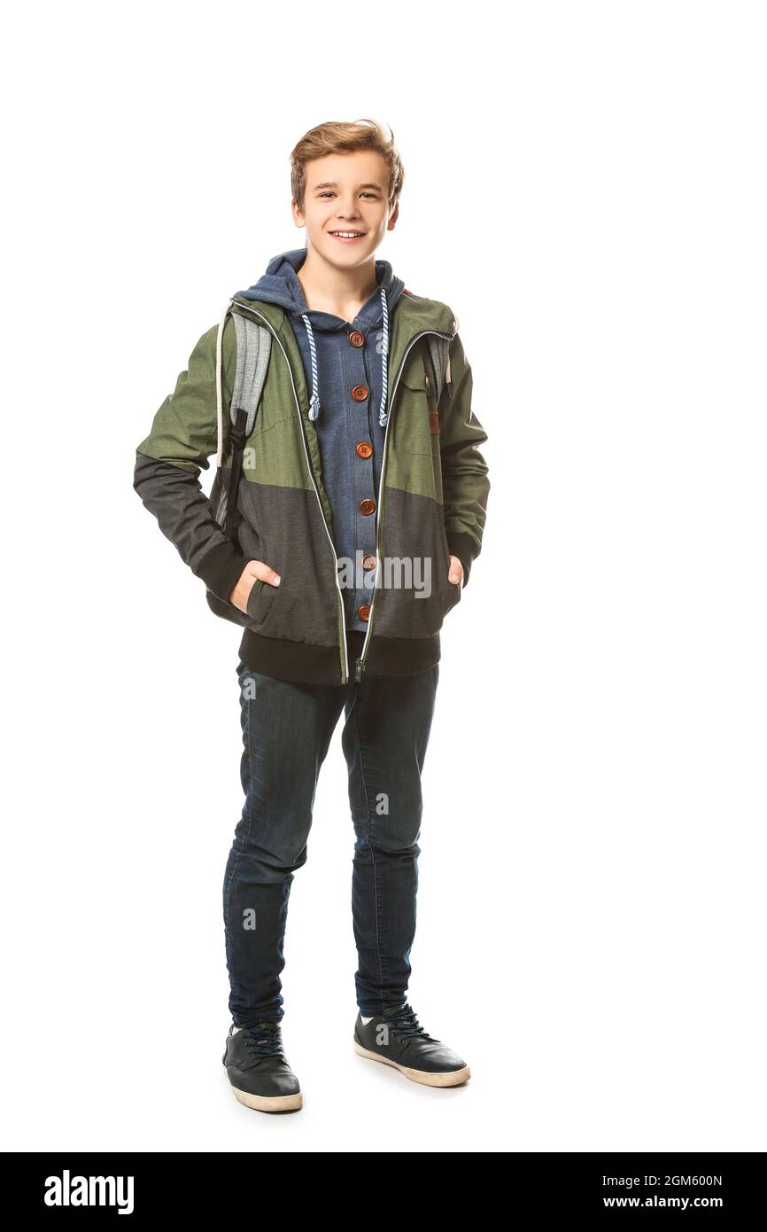 Cool teenage boy on white background Stock Photo - Alamy