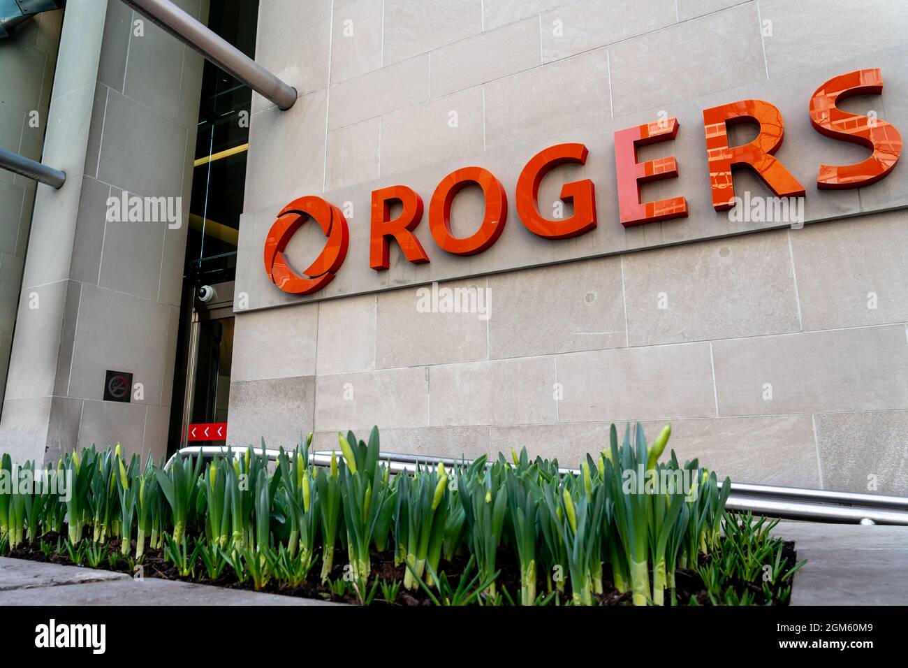 Close up of Rogers sign on their headquarters building in Toronto Stock ...