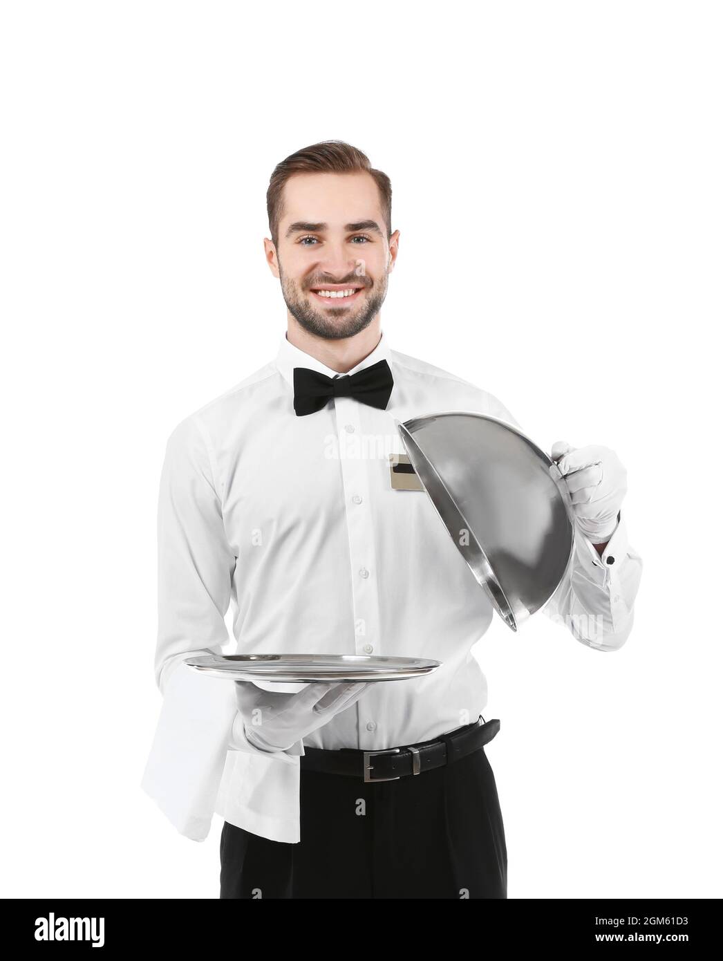 Waiter with metal tray and cloche on white background Stock Photo - Alamy