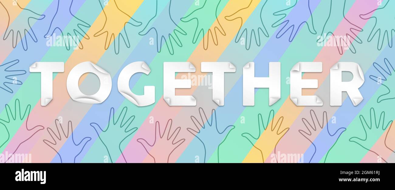 Together text quote design with people hands raised up. Diverse cartoon ...