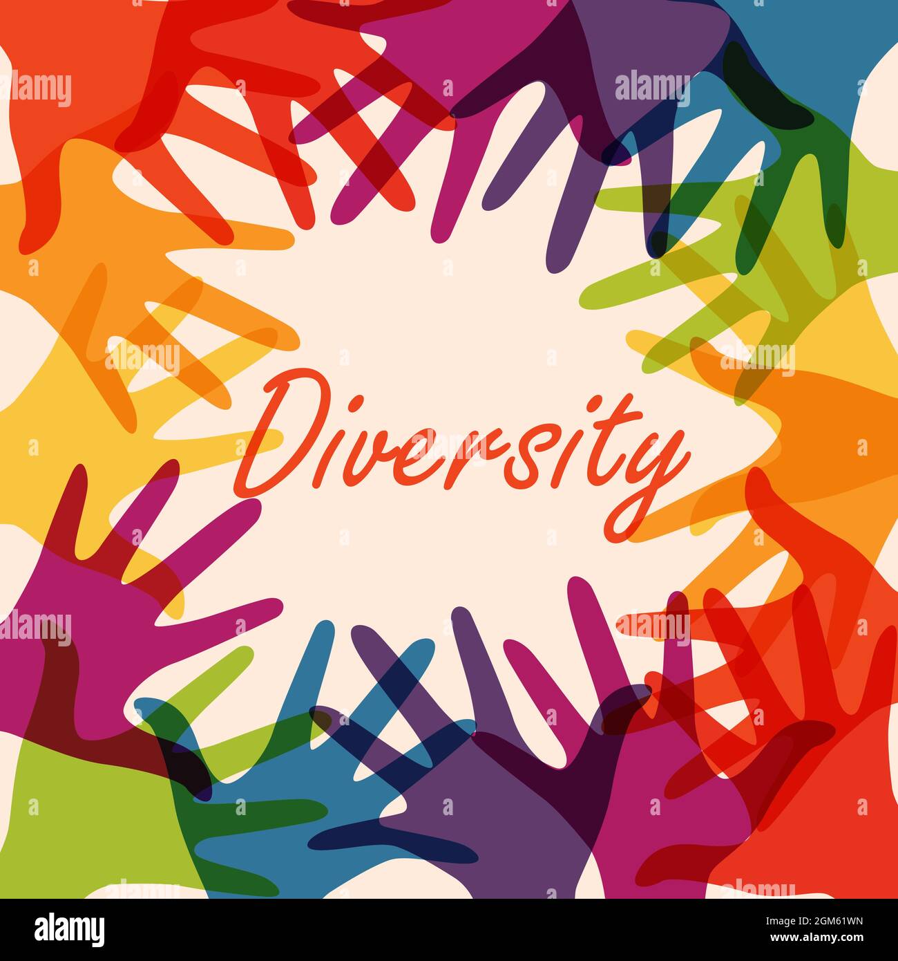 Diversity text quote typography sign with colorful people hands raised ...