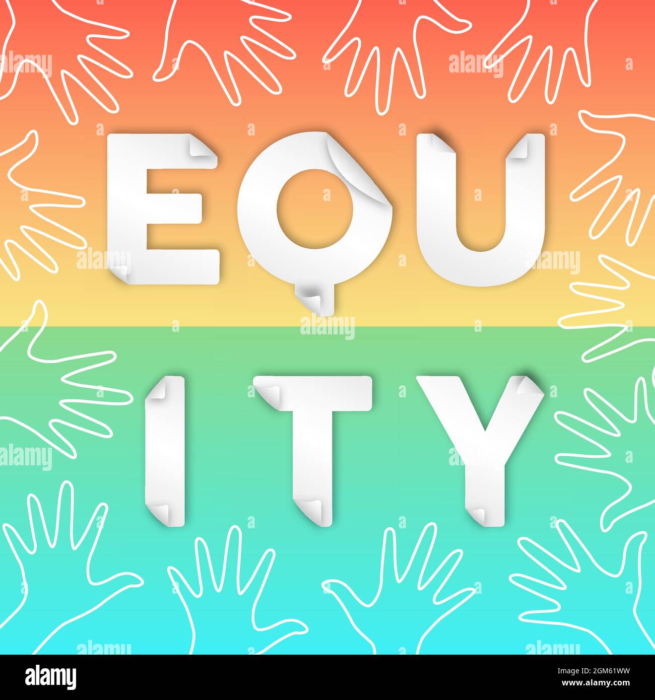 Equity text quote typography sign with people hands raised up together ...