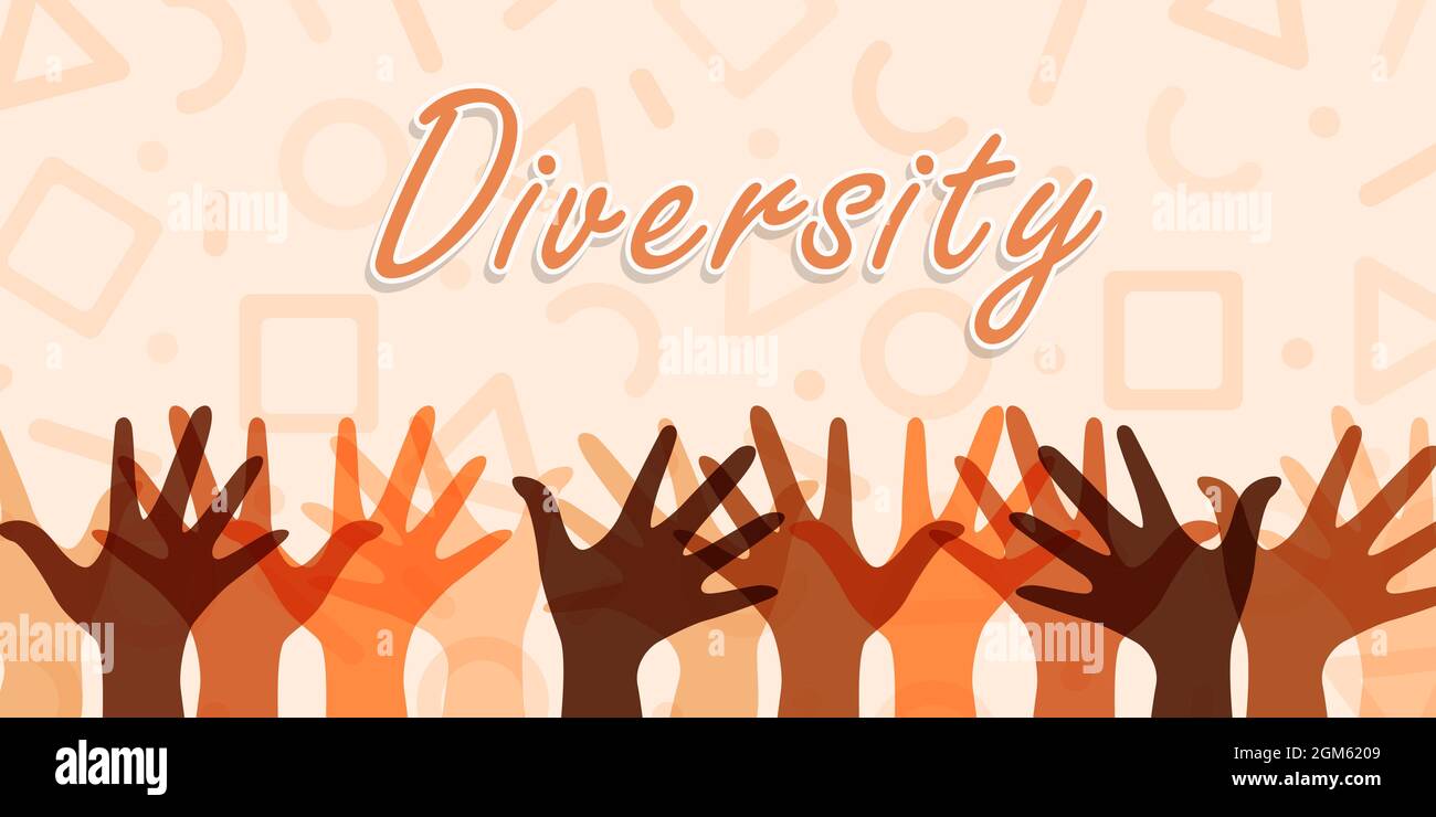 Diversity text quote typography sign with ethnic people hands raised up ...