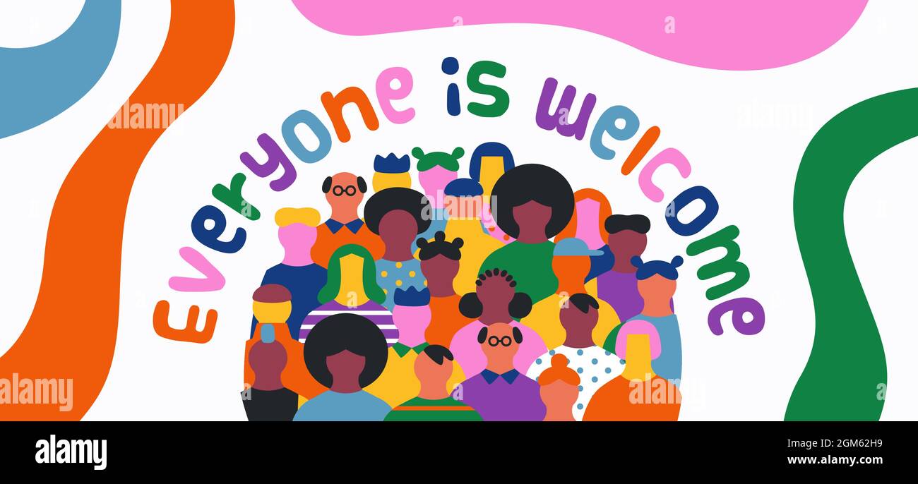 Everyone is welcome web banner illustration of diverse ethnic people ...
