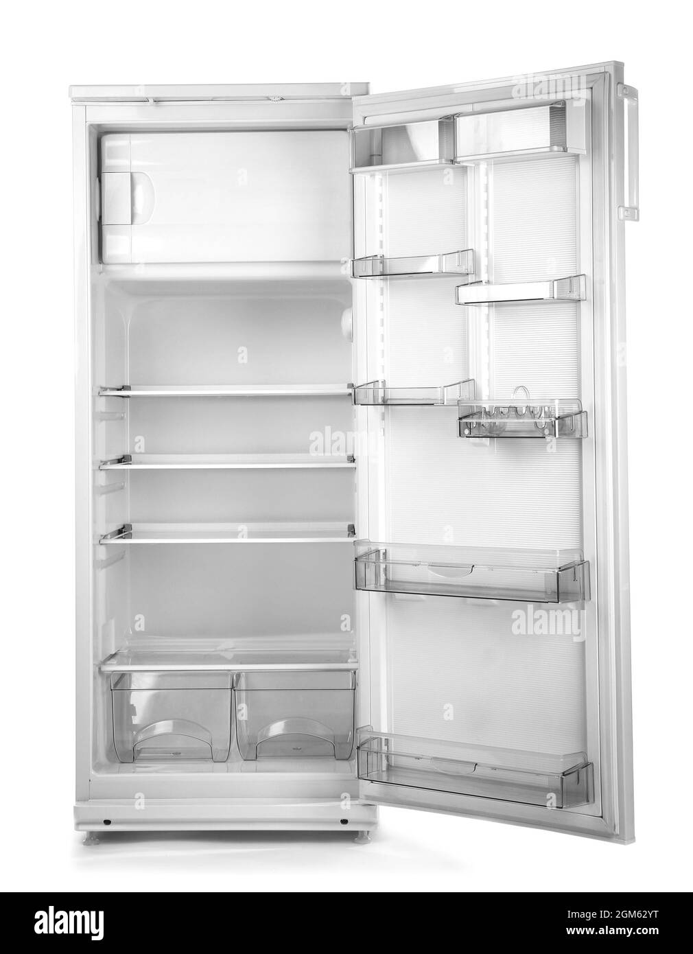 Open empty refrigerator on white background Stock Photo - Alamy
