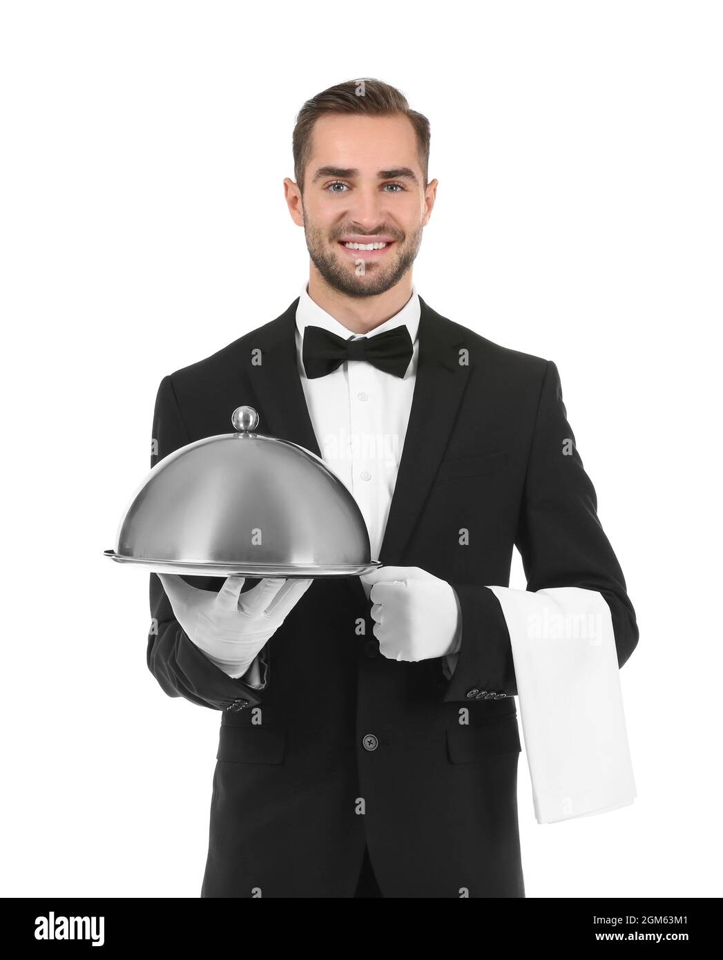 Waiter with metal tray and cloche on white background Stock Photo - Alamy