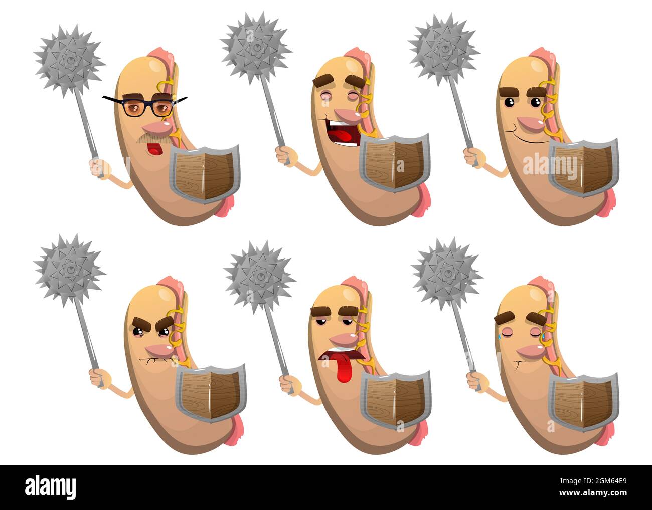 Hot Dog holding a spiked mace and shield. American fast food as a ...