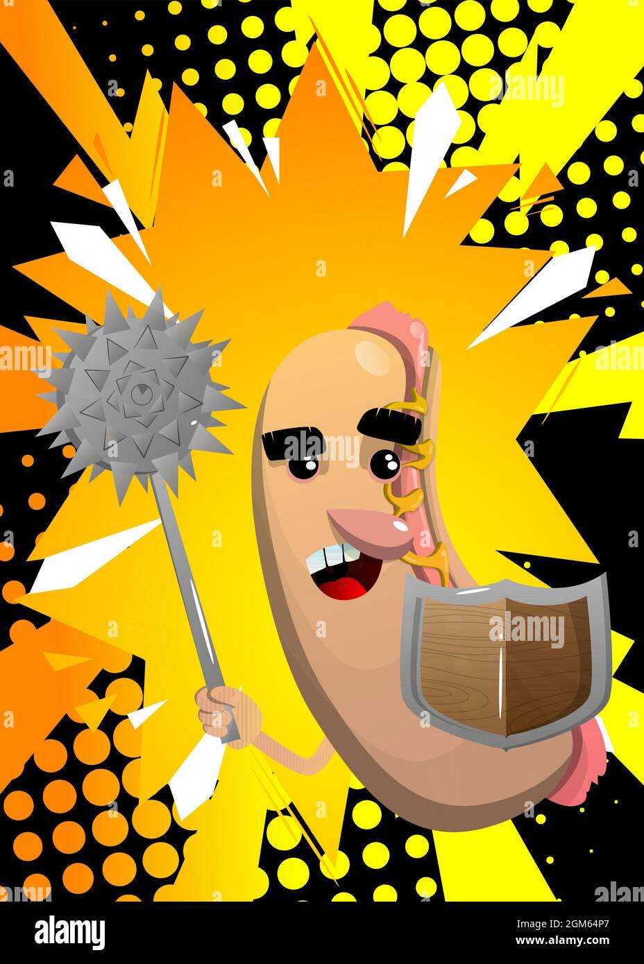 Hot Dog holding a spiked mace and shield. American fast food as a ...