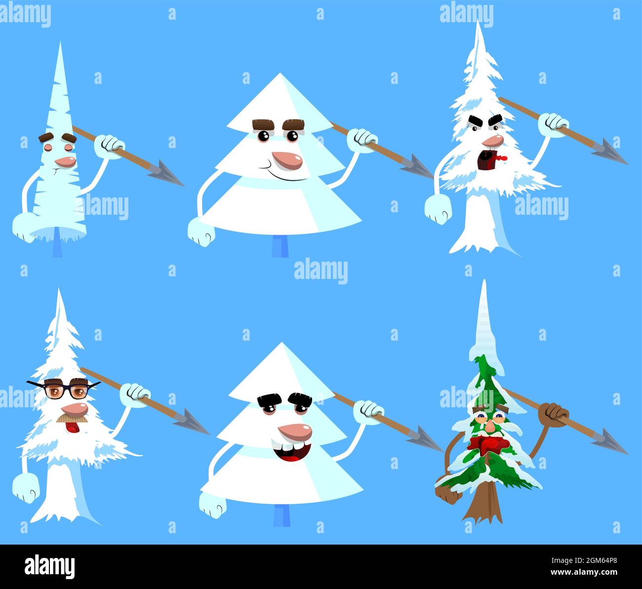 Cartoon winter pine trees with faces holding spear in his hand. Cute ...