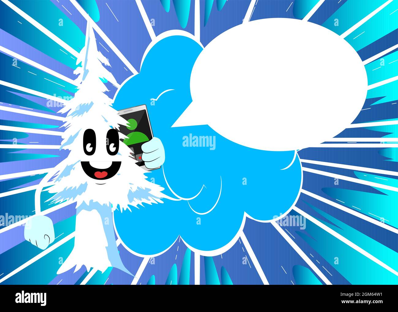 Cartoon winter pine trees with faces talking on cell phone. Cute forest ...