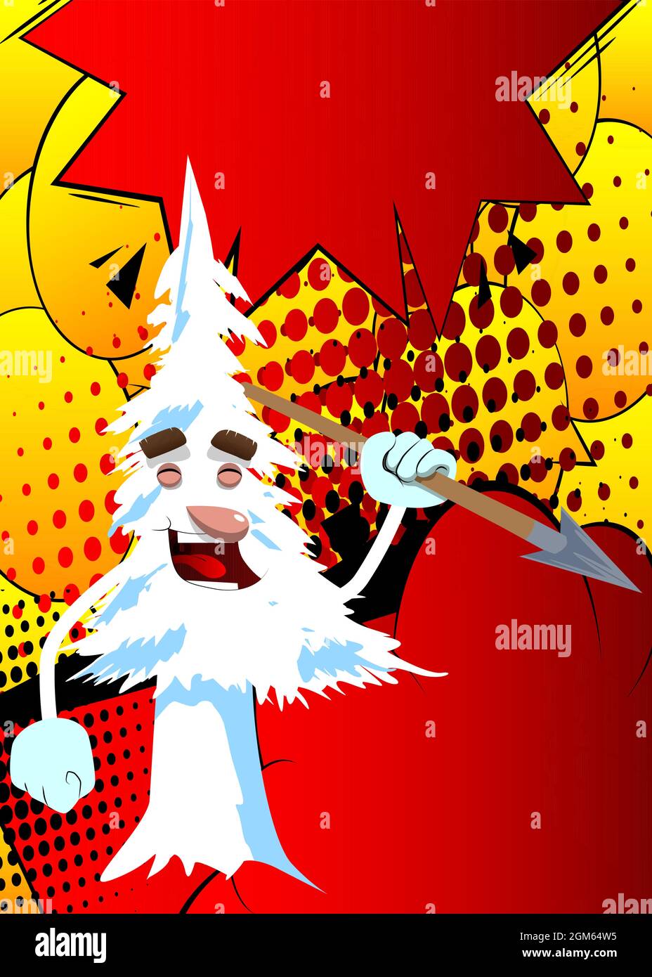 Cartoon winter pine trees with faces holding spear in his hand. Cute ...