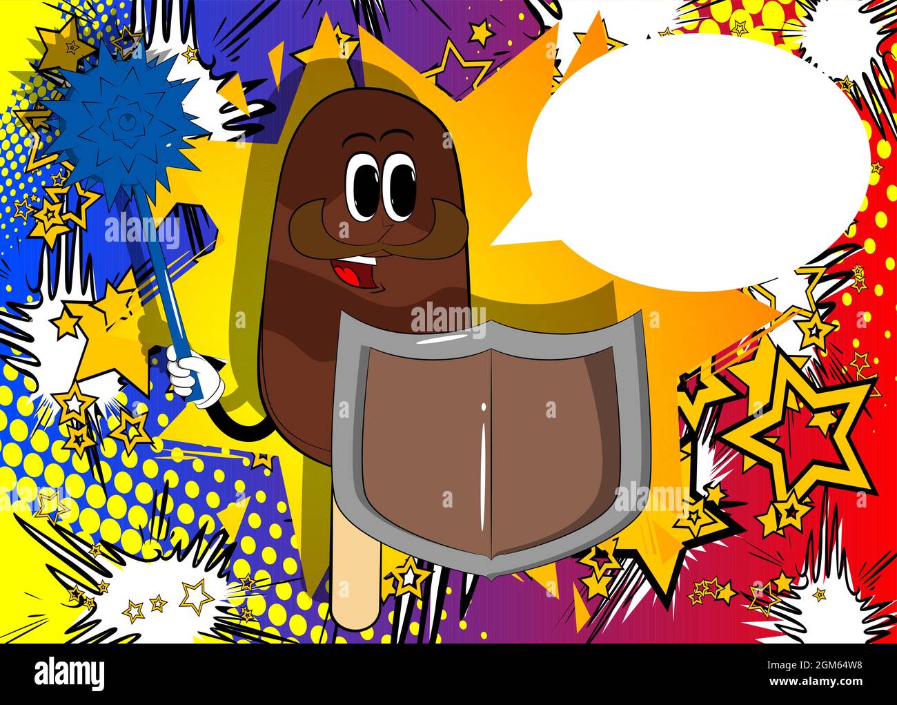 Ice Cream holding a spiked mace and shield. Summer refreshment, sweet ...