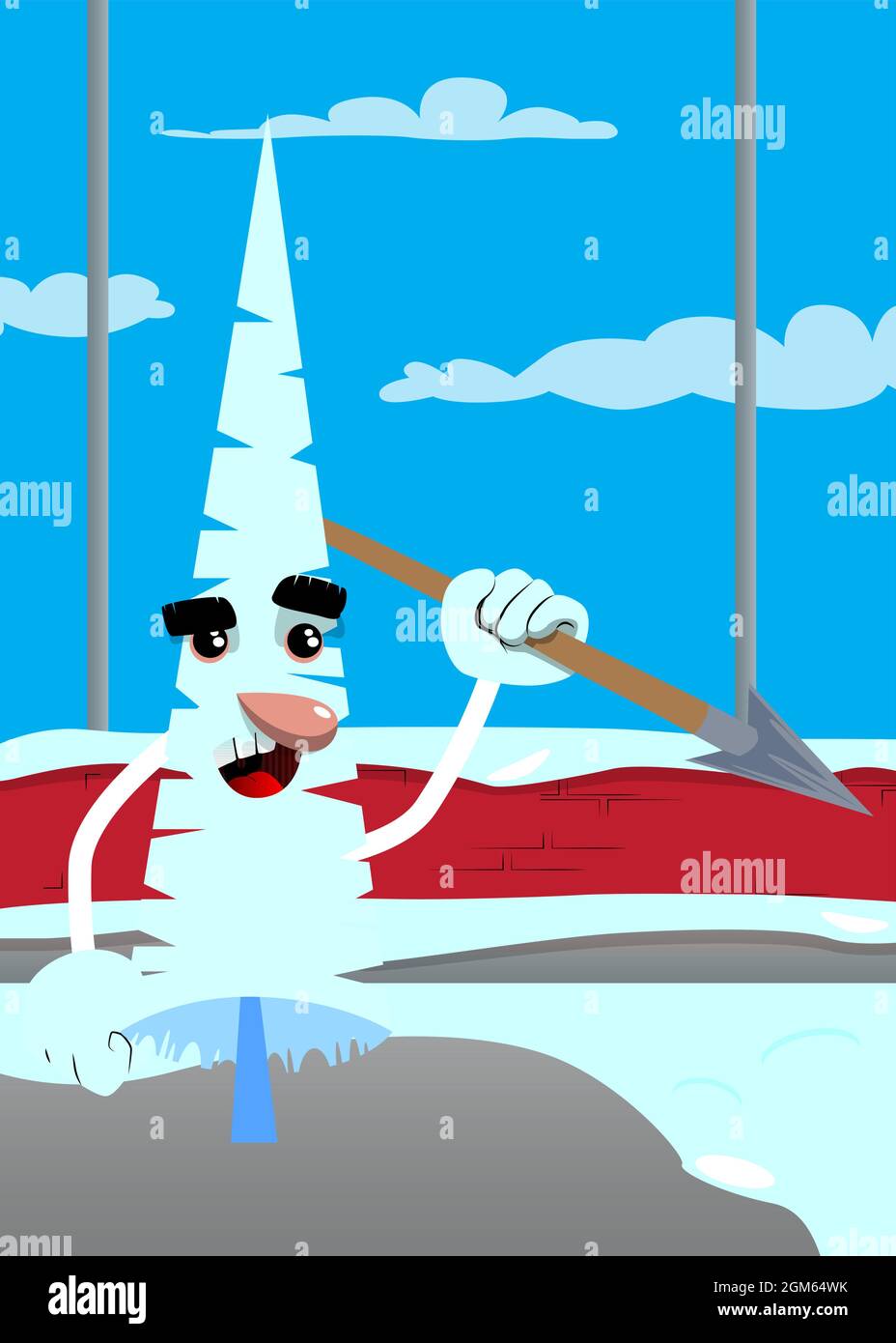 Cartoon winter pine trees with faces holding spear in his hand. Cute ...