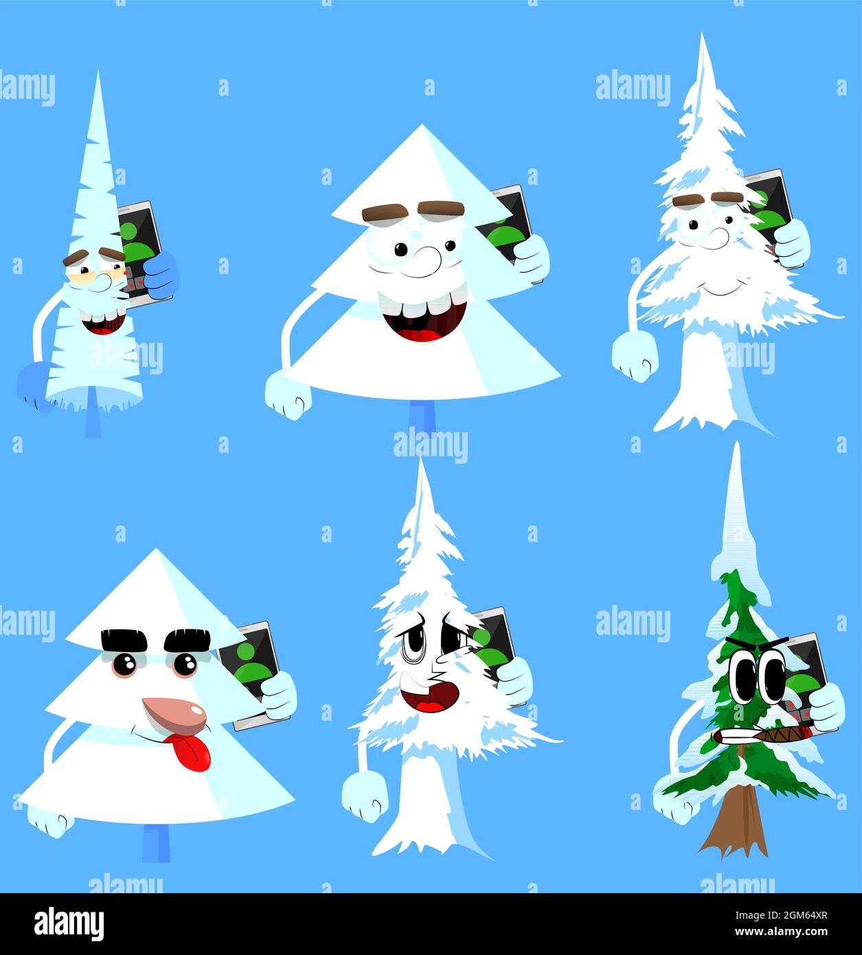 Cartoon winter pine trees with faces talking on cell phone. Cute forest ...