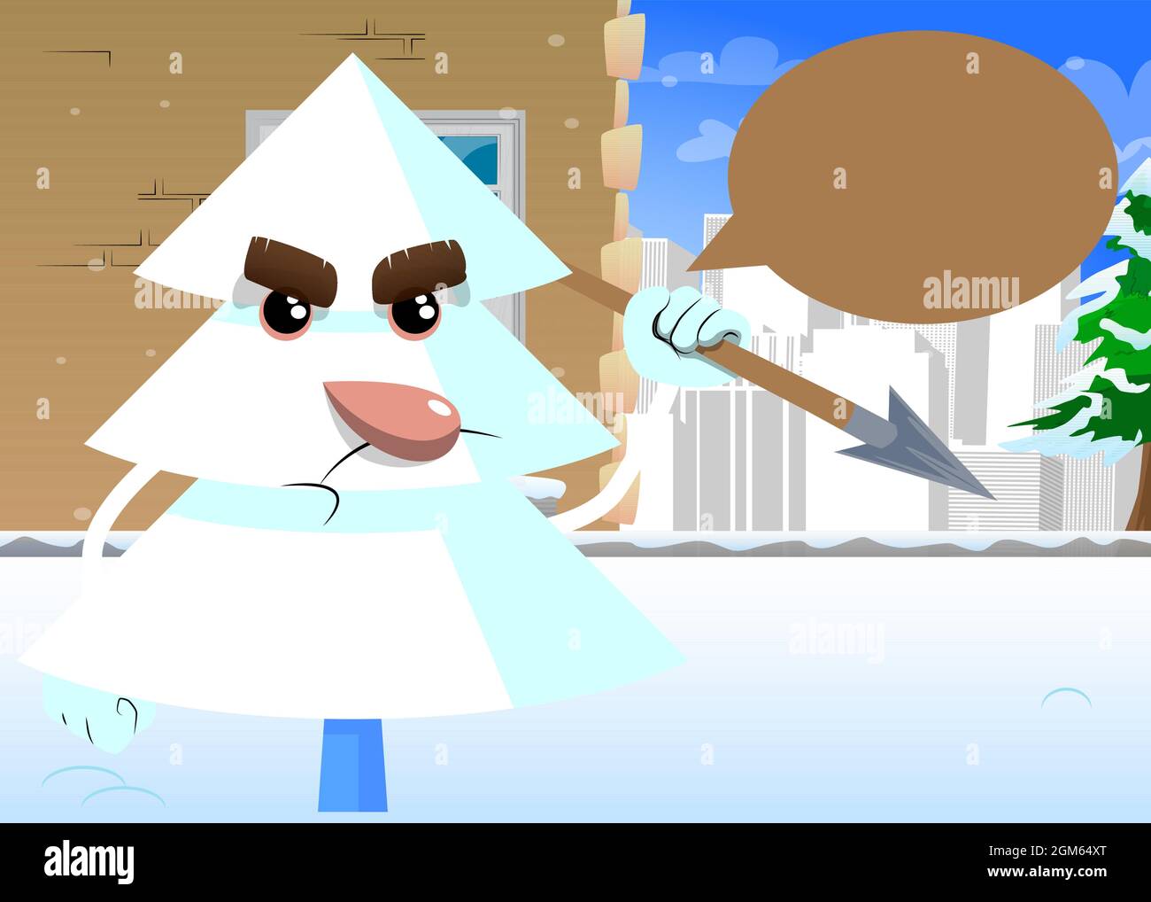 Cartoon winter pine trees with faces holding spear in his hand. Cute ...