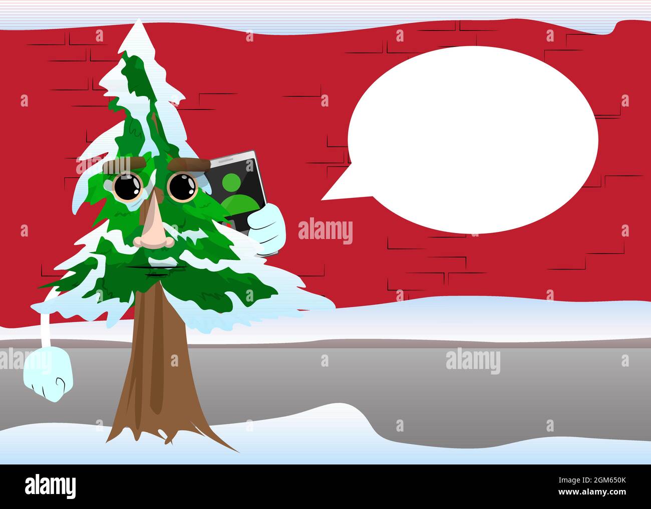 Cartoon winter pine trees with faces talking on cell phone. Cute forest ...