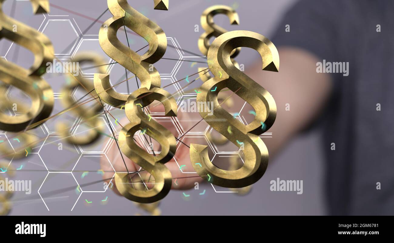 3D rendering of Law and Justice symbol with male's hand on background ...
