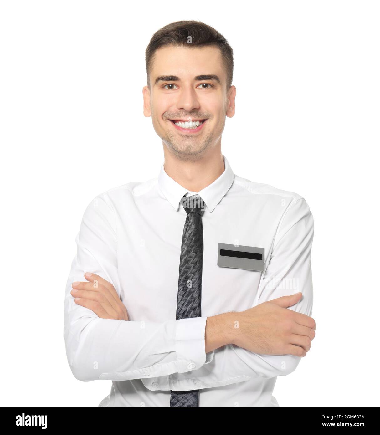 Attractive salesman in formal wear on white background Stock Photo - Alamy