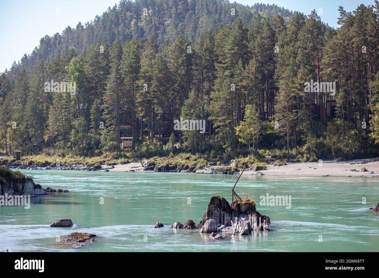 A fast-flowing wide and full-flowing mountain river. Large rocks stick ...