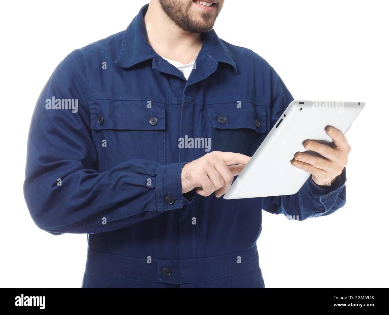 Auto mechanic with tablet computer on white background, closeup Stock ...