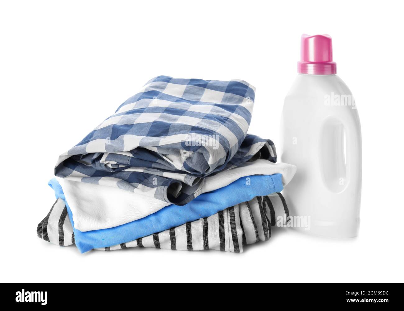 Folded laundry with detergent on white background Stock Photo - Alamy