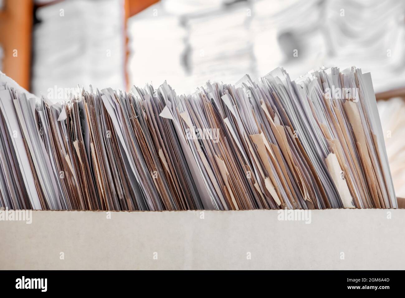 Cardboard box with old paper documents in archive, closeup Stock Photo ...
