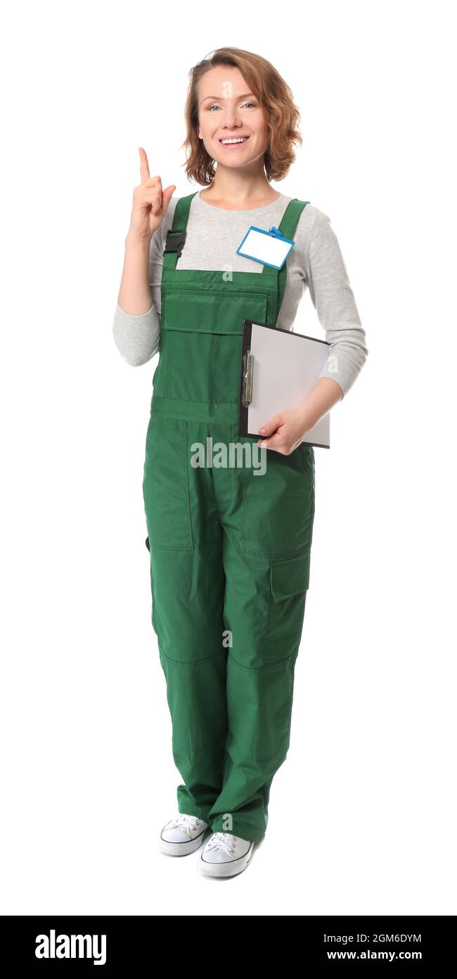 Female auto mechanic with raised index finger on white background Stock ...