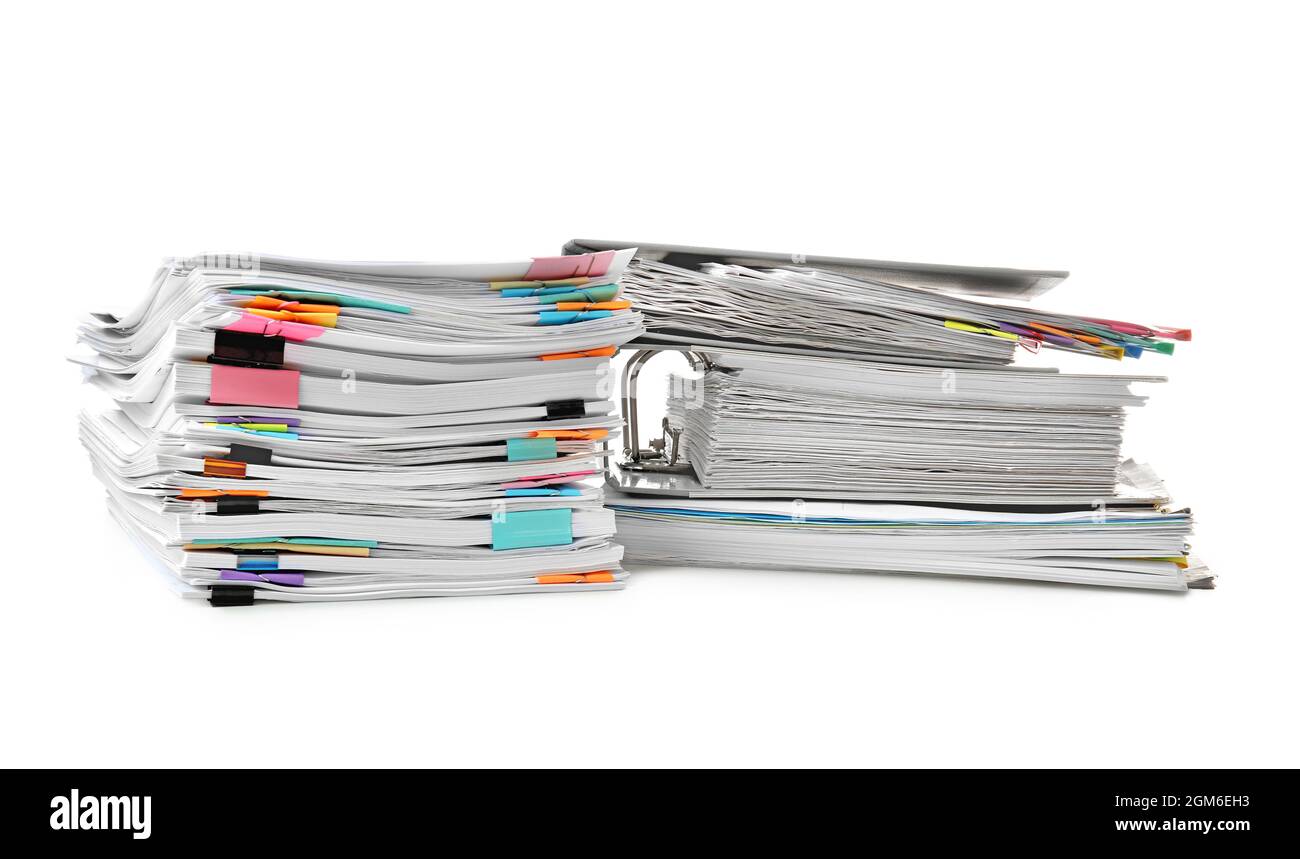 Stacks of documents on white background Stock Photo - Alamy