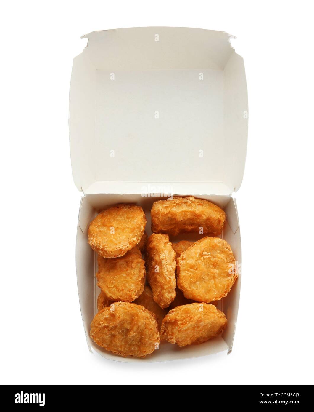 Box with tasty chicken nuggets on white background Stock Photo - Alamy