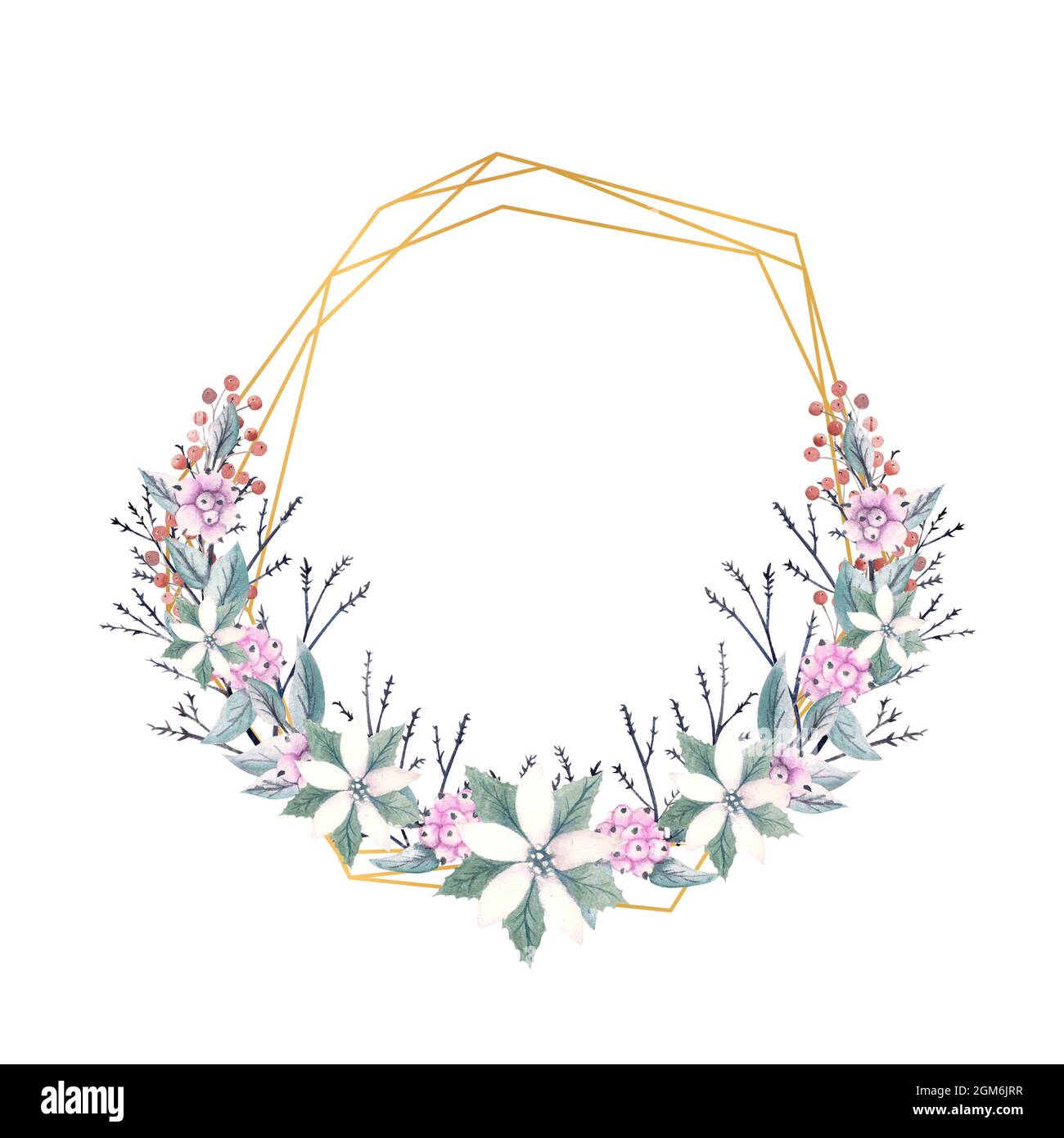 Winter watercolor in a gold polygonal frame with sprigs of snow berries ...