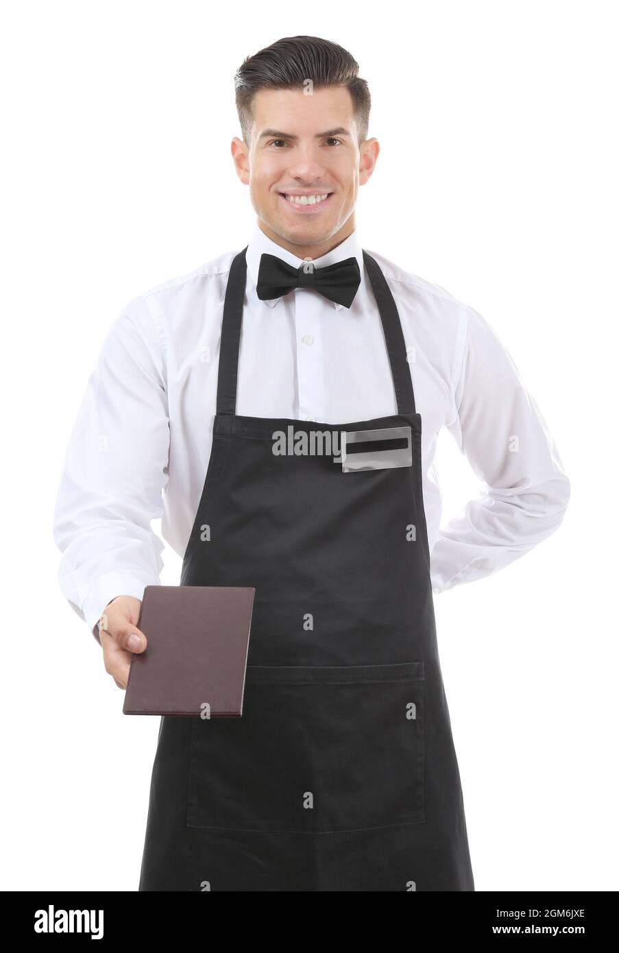Waiter handing check on white background Stock Photo - Alamy