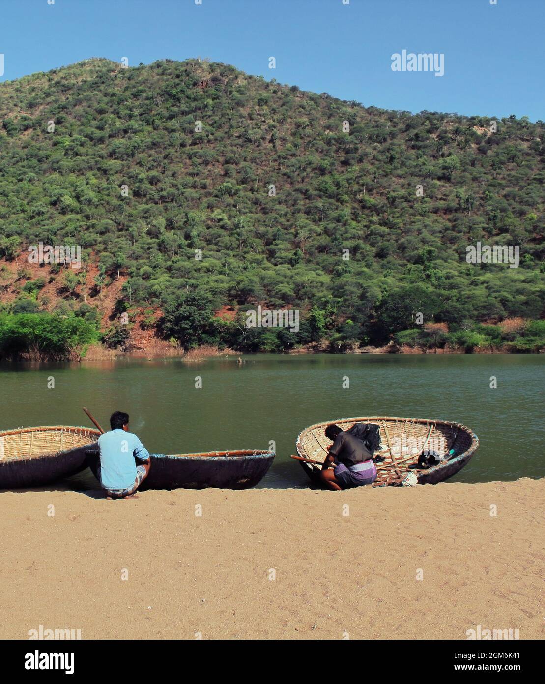 coracle boats at hogenakkal, on the bank of river kaveri in tamilnadu ...