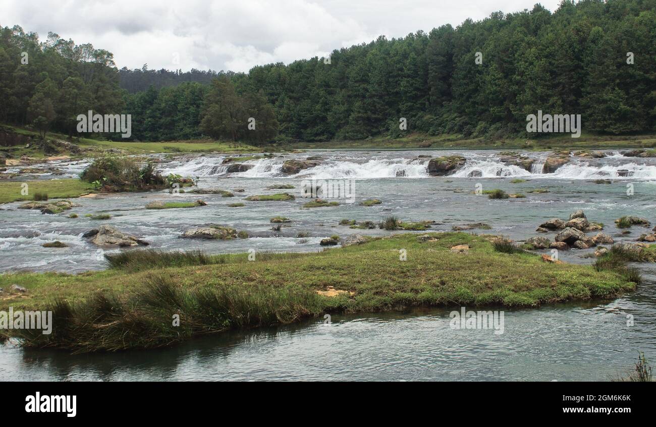scenic view of pykara waterfall surrounded by coniferous forest and ...